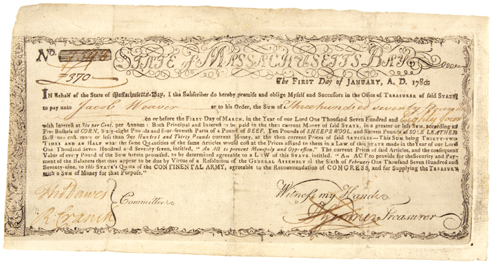 1780 Revolutionary War 6% Mass. Treasury Bond