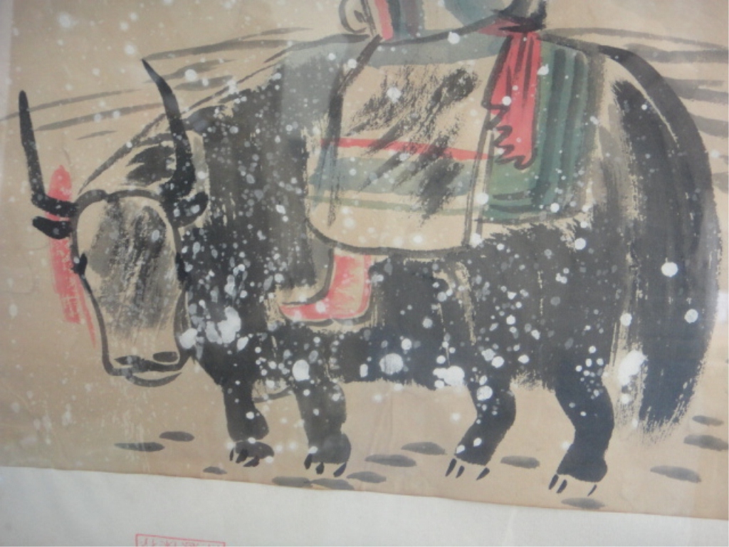 Du Zi Ling 20th Century Chinese Watercolor on Paper: Migrating on Ox