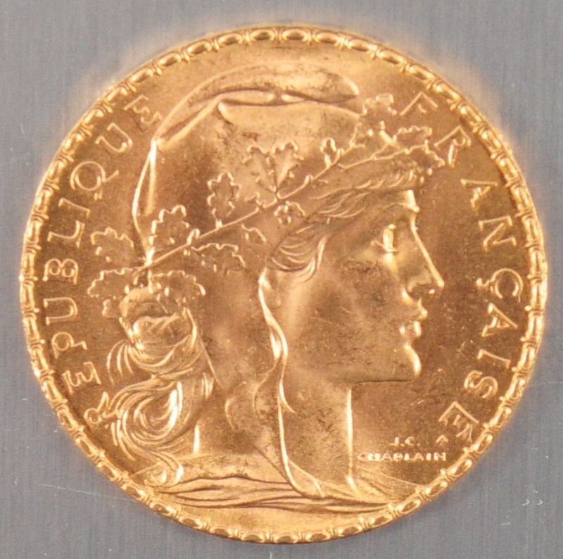 France 20 Franc Rooster/ Marianne 1913 Gold Coin
