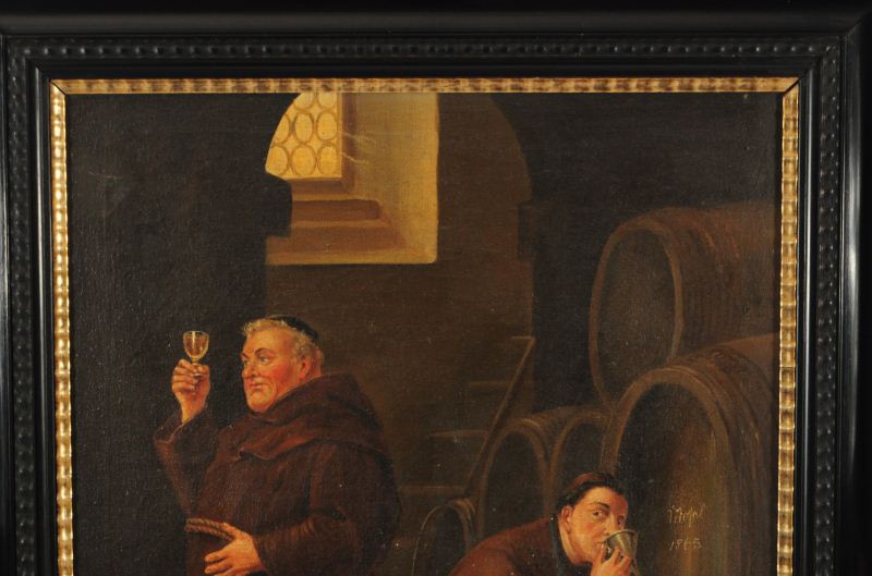 Monks Drinking Wine Oil Painting Jos. Stephan 1926