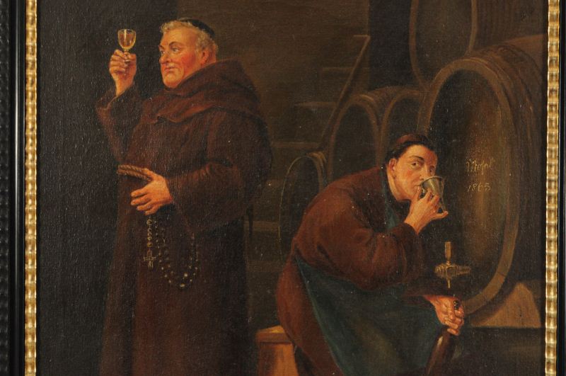 Monks Drinking Wine Oil Painting Jos. Stephan 1926