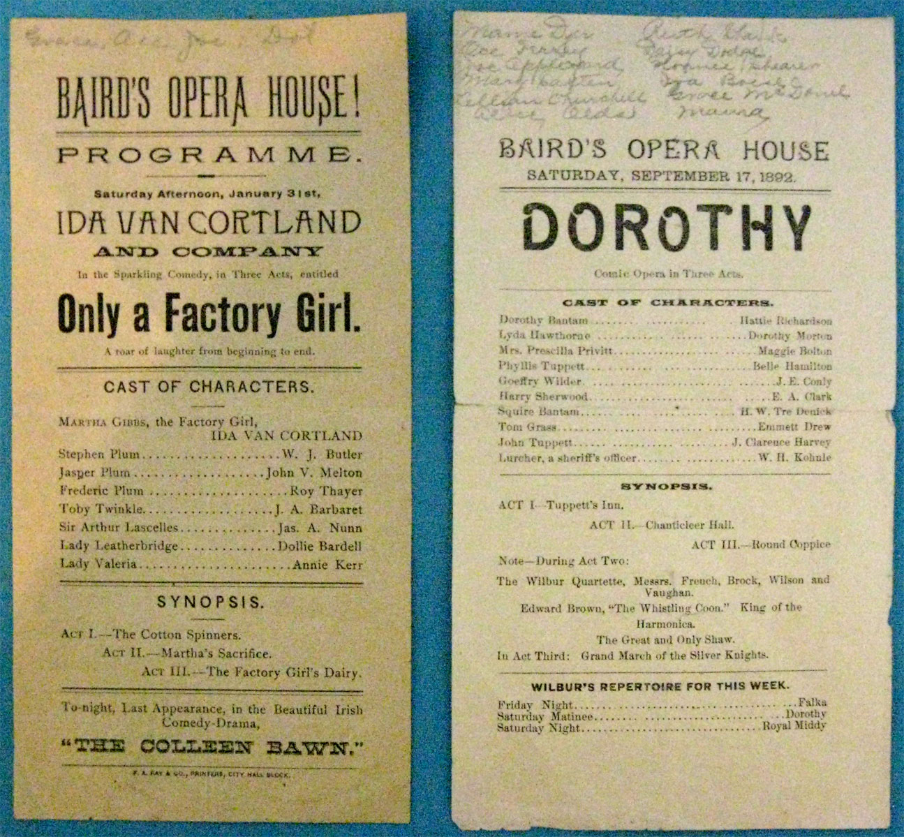 Broadsides: 2 Baird Opera House programs, Bozeman, Montana: