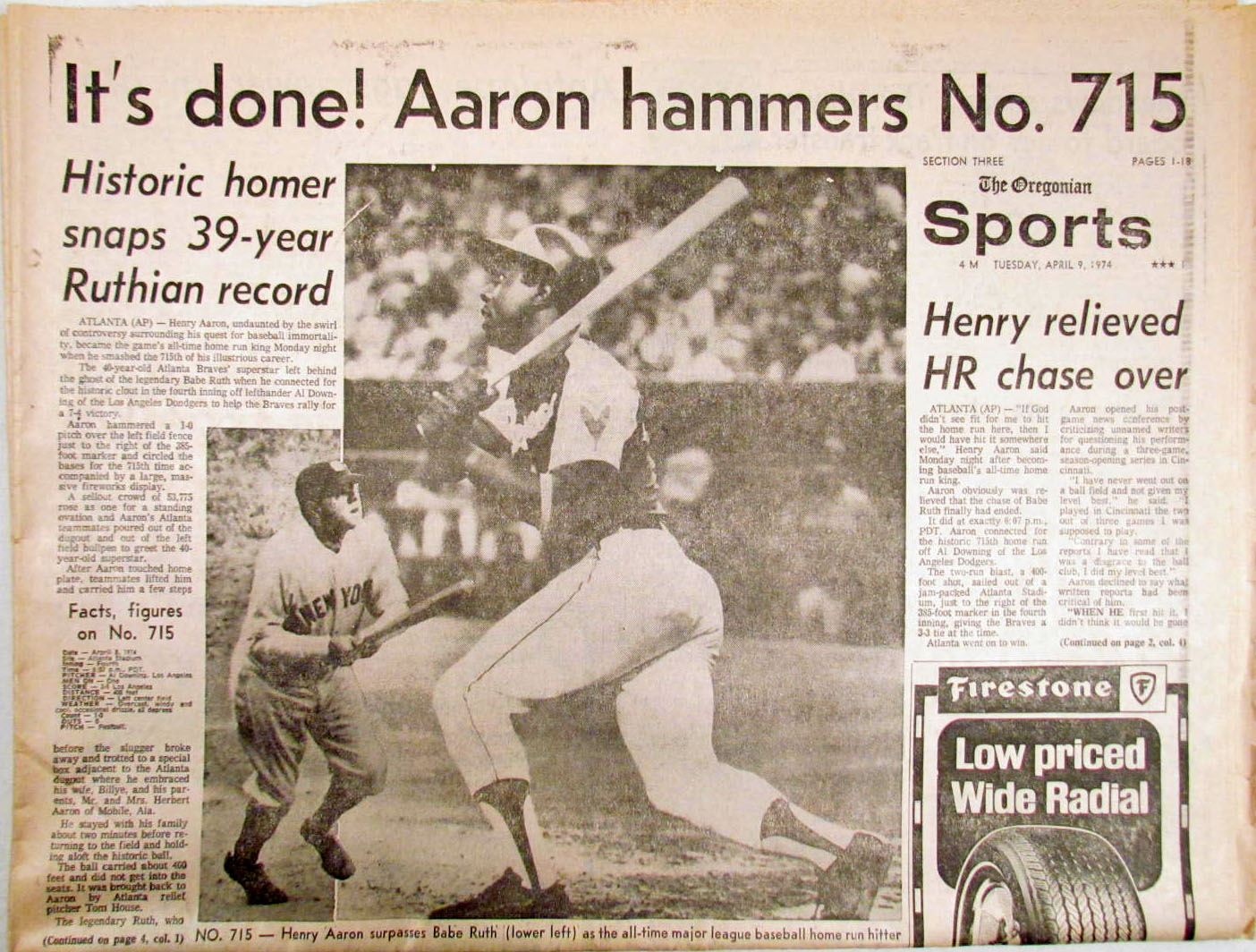 1974 "THE OREGONIAN" NEWSPAPER - HANK AARON