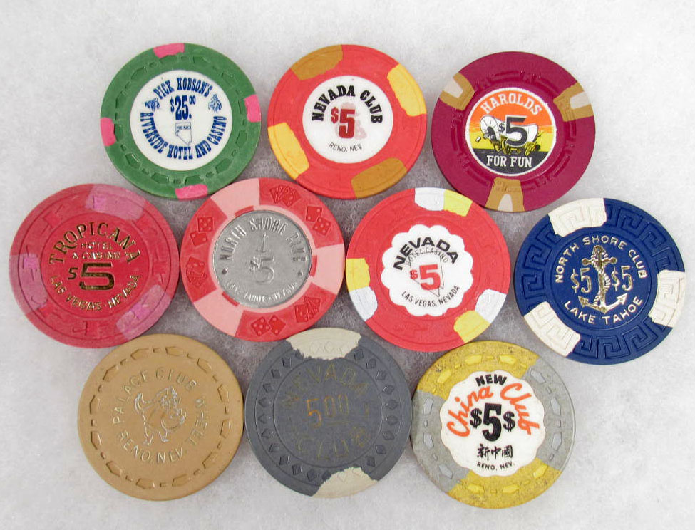 LOT OF 10 OBSOLETE NEVADA CASION GAMBLING POKER CHIPS