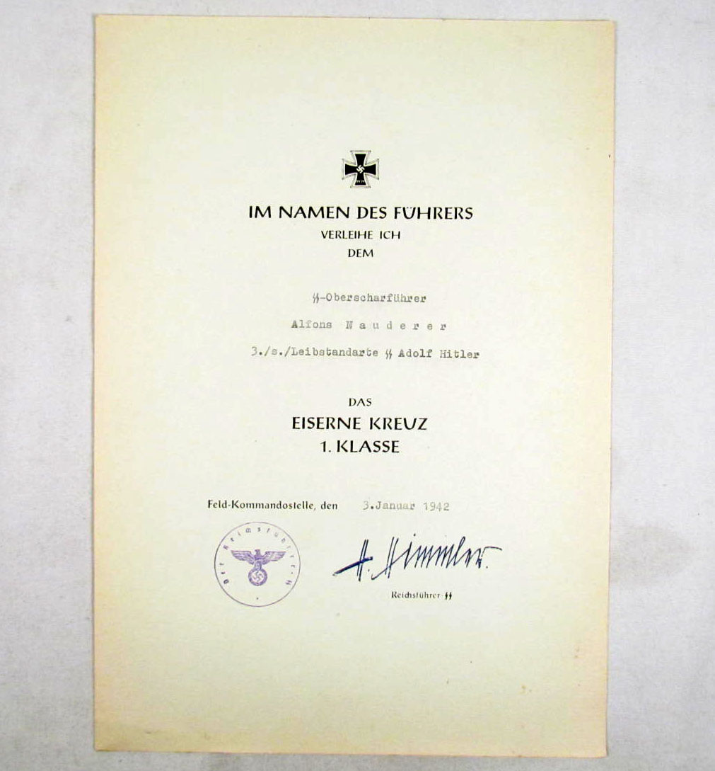 1942 GERMAN NAZI DOCUMENT FOR IRON CROSS 1ST CLASS - FACSIMILE ...