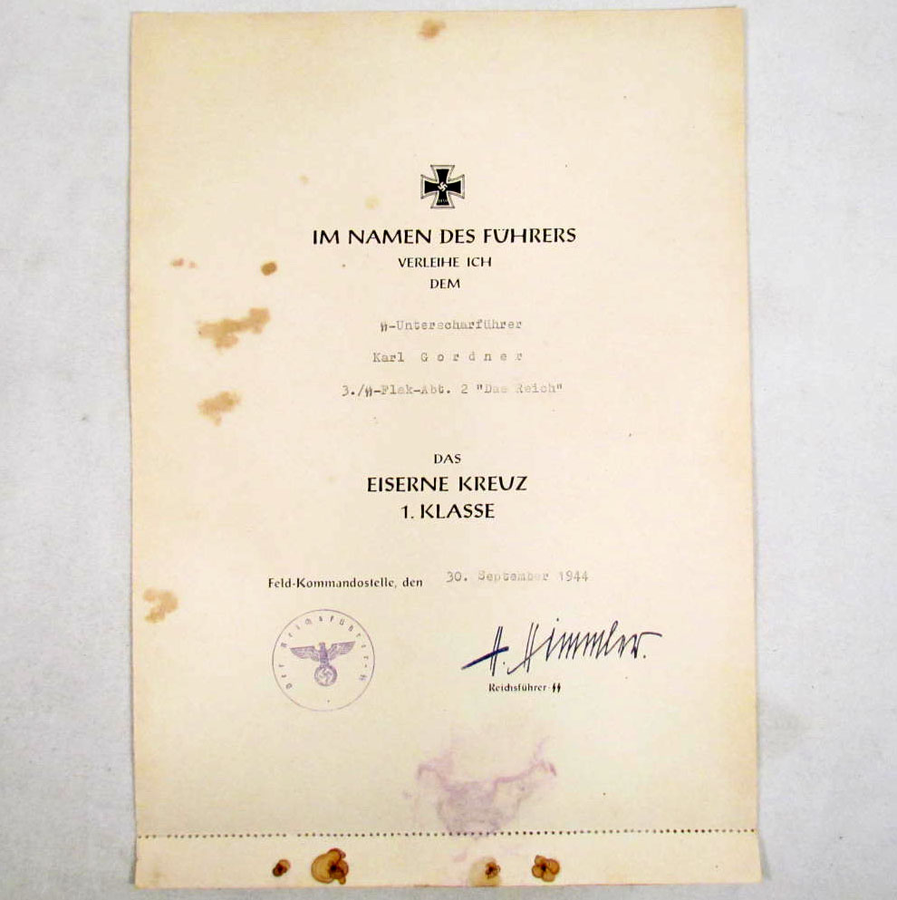 1944 GERMAN NAZI DOCUMENT FOR IRON CROSS 1ST CLASS - FACSIMILE ...