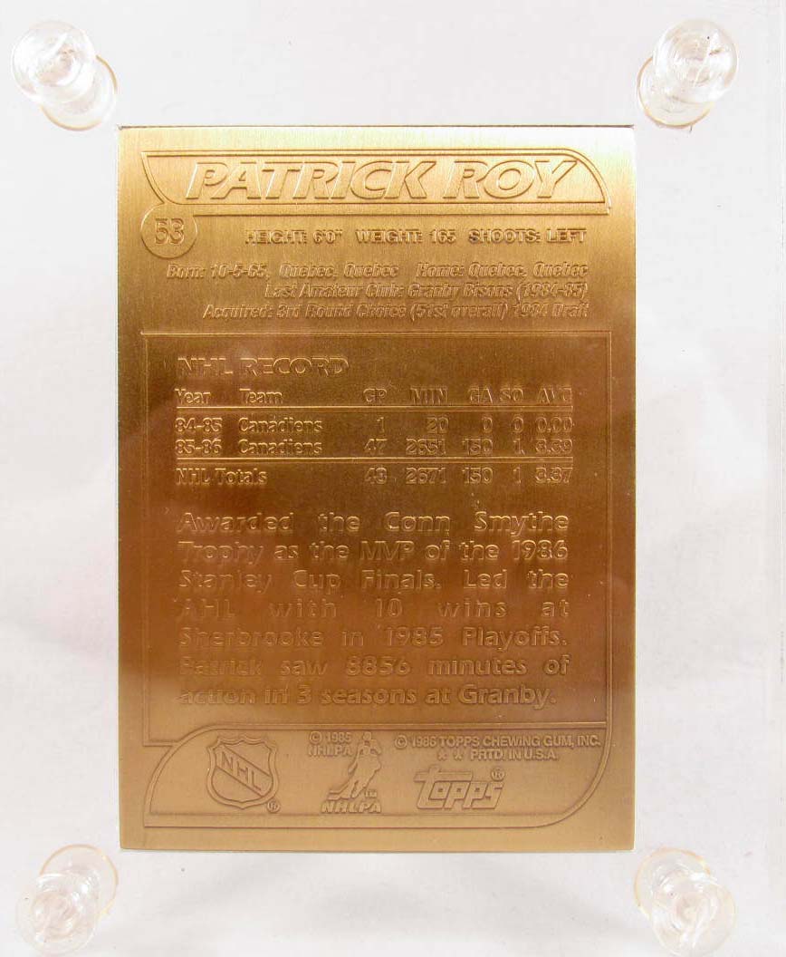 RARE 1986 TOPPS PATRICK ROY BRONZE HOCKEY CARD W/ COA AND ORIGINAL CASE