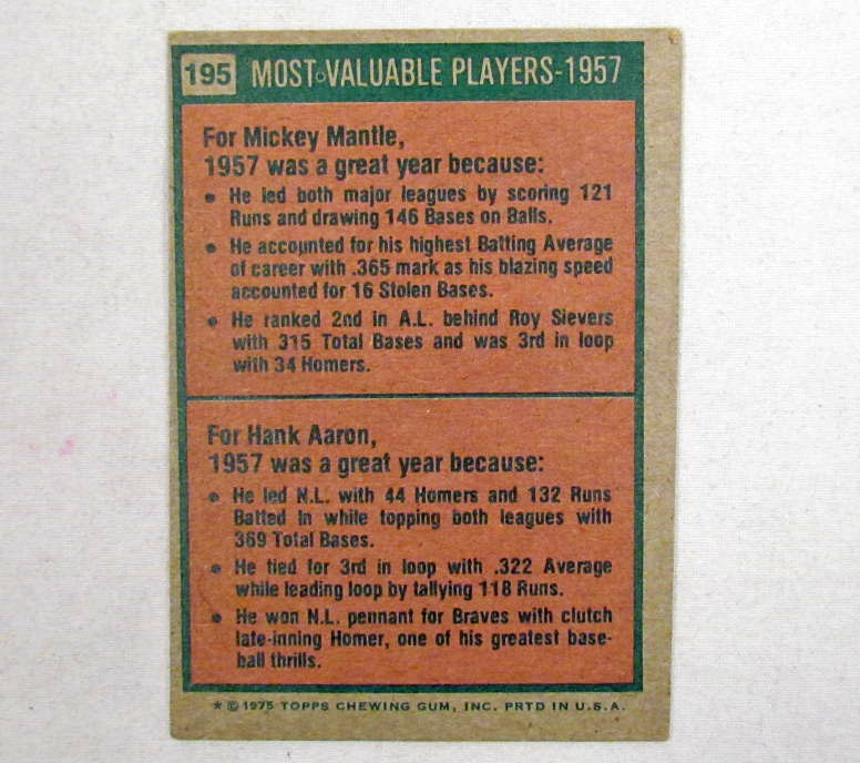 1975 TOPPS 1957-MOST VALUABLE PLAYERS NO. 195 BASEBALL CARD