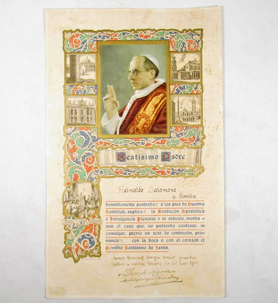 1950 PAPAL BLESSING ISSUED BY POPE PIUS XII