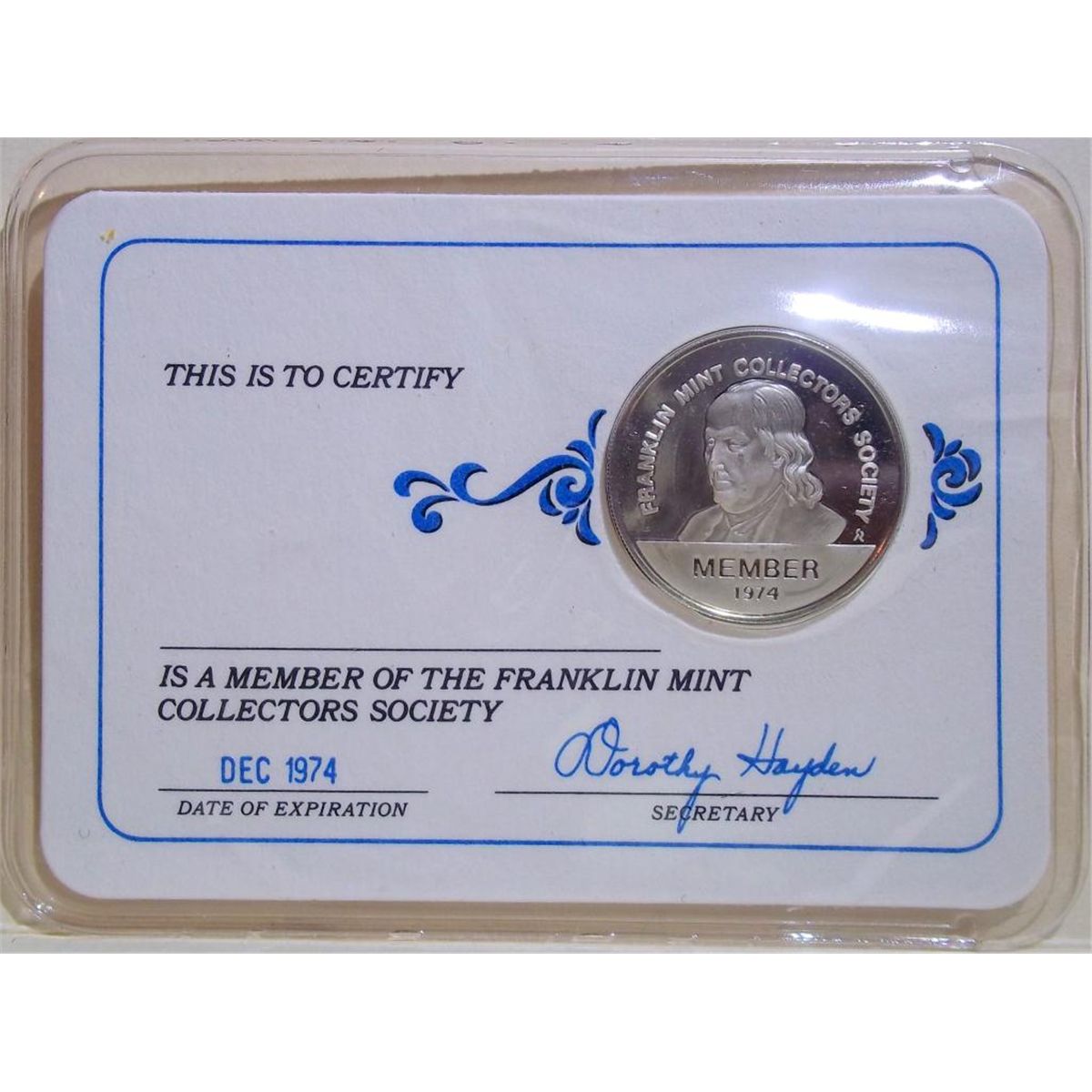 Solid Sterling Silver Franklin Mint Member Coin