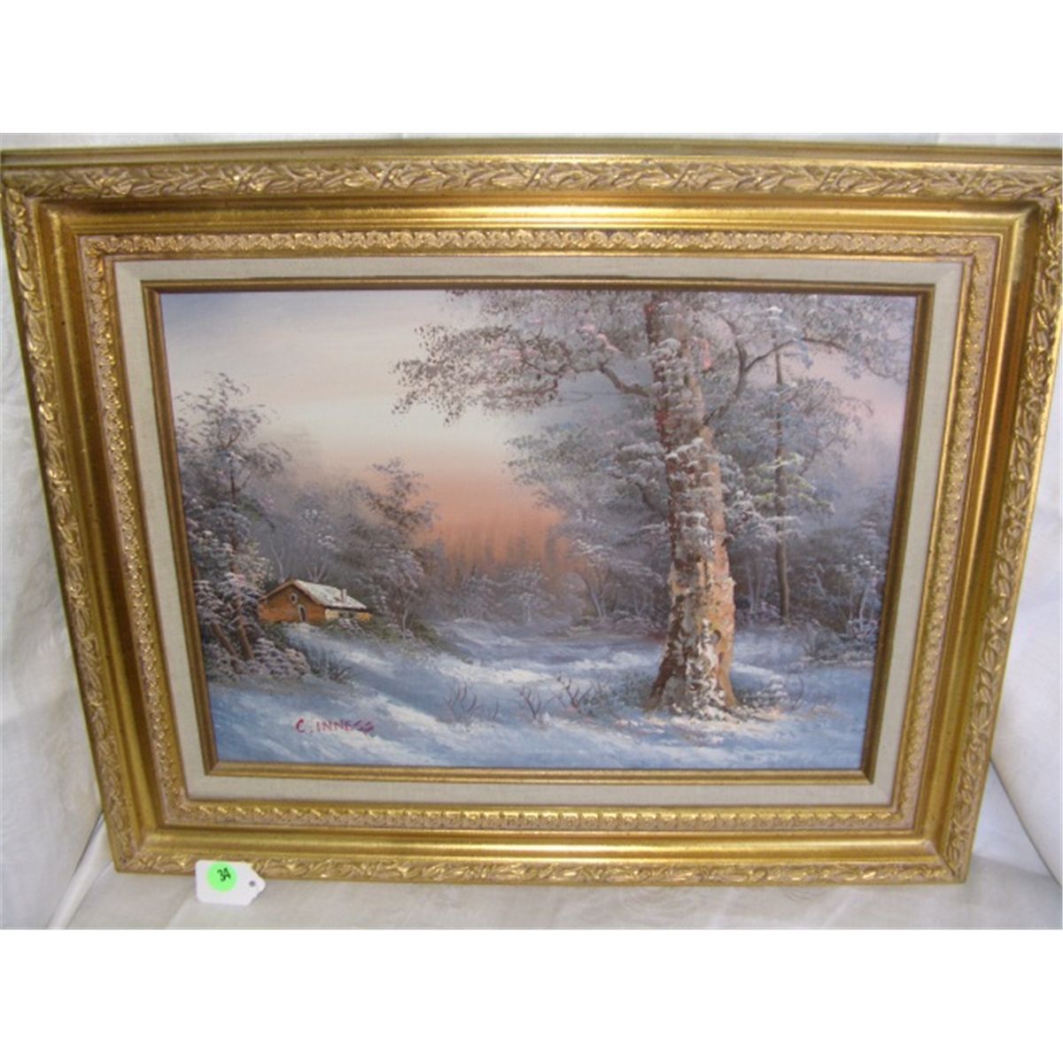 nice oil painting on canvas by C Inness "snowy Scene cabin", frame is 18x22