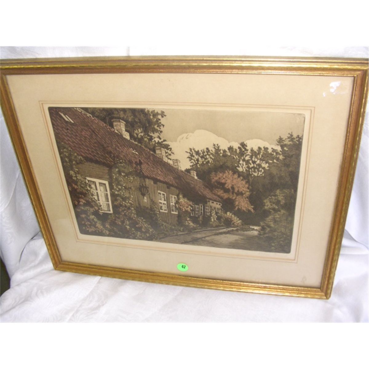 signed loren frank etching, cottage, 16 x 19 1/2 SSR