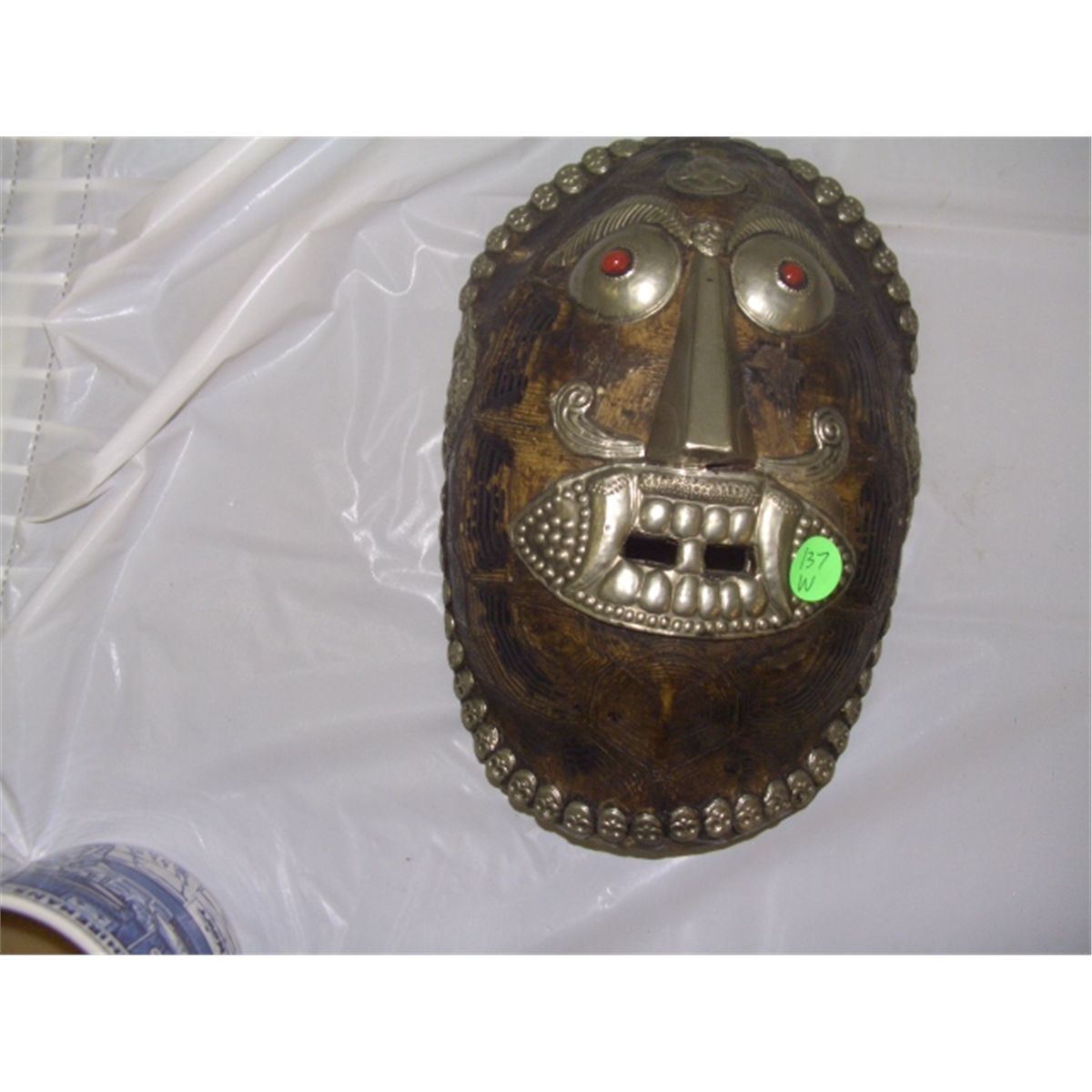 Tibetan / Nepalese vintage turtle shell mask w / silver design skull border