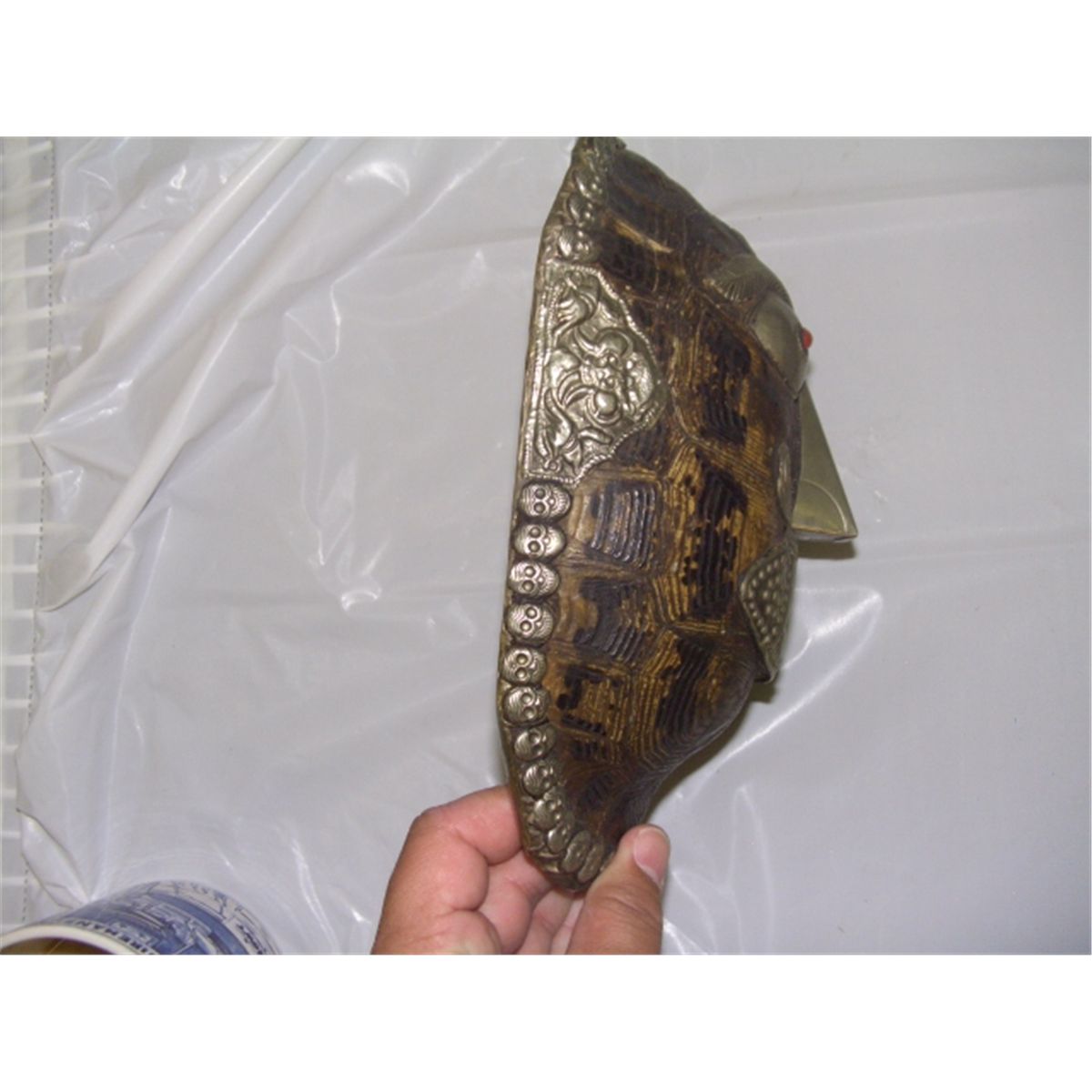 Tibetan / Nepalese vintage turtle shell mask w / silver design skull border