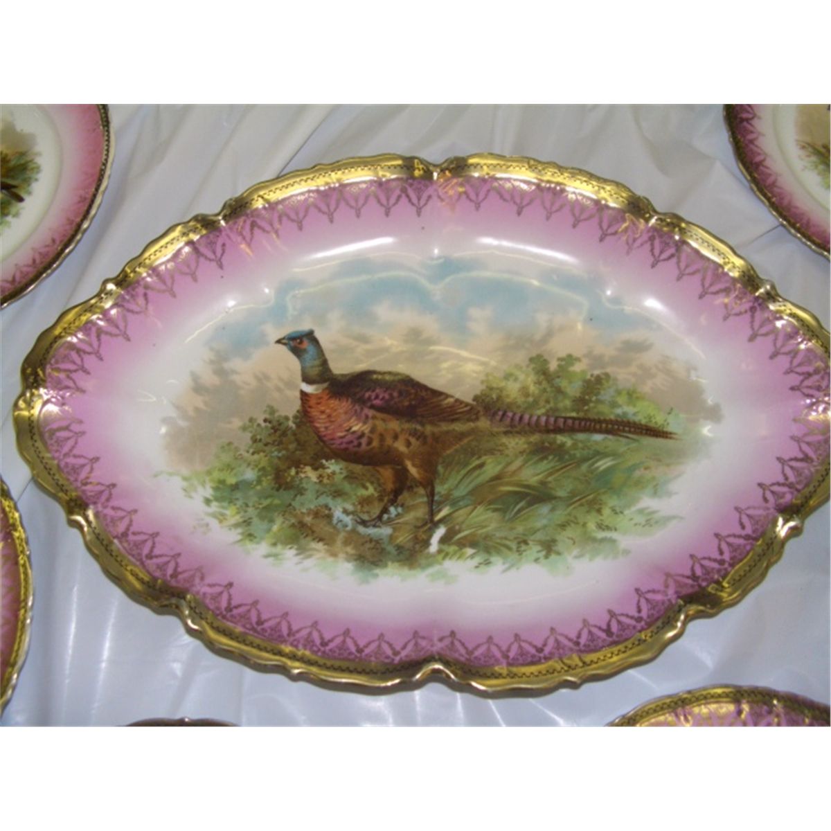 stunning antique porcelain pheasant platter and plate set, M.Z. Austria