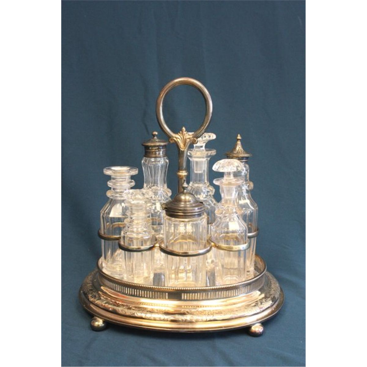 19th c. 7 pcs. cruet set with silver plate holder