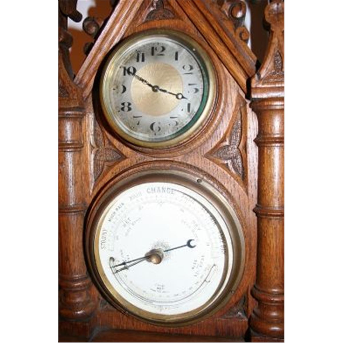 GOTHIC STYLE, OAK WALL CLOCK & BAROMETER, C.1920,
