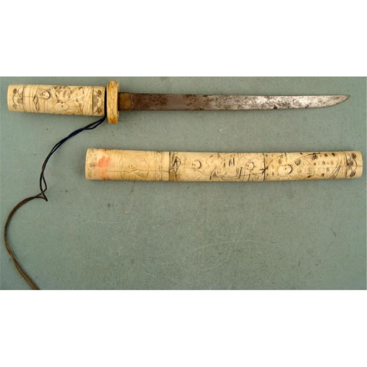 Vintage Japanese Carved Ox Bone Sword Knife