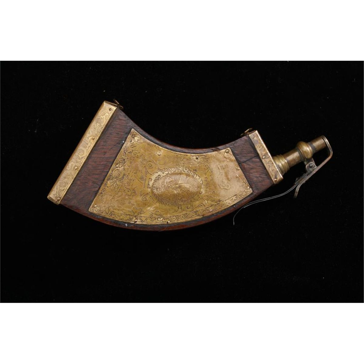 Wheelock style decorative powder flask, Victorian era, fancy etched ...