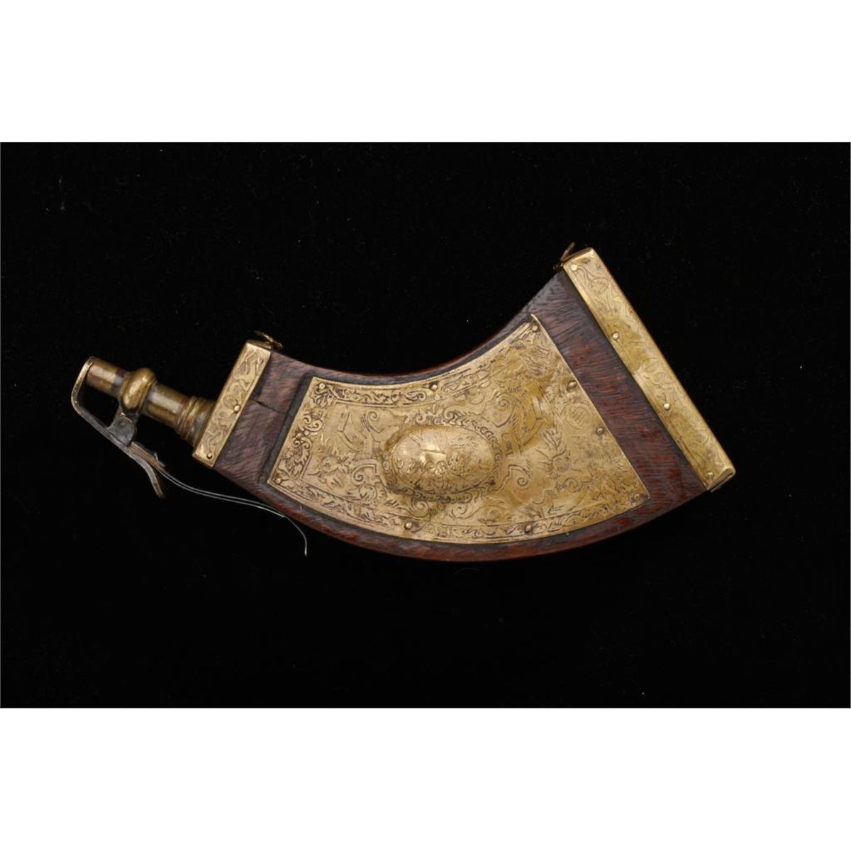 Wheelock style decorative powder flask, Victorian era, fancy etched ...