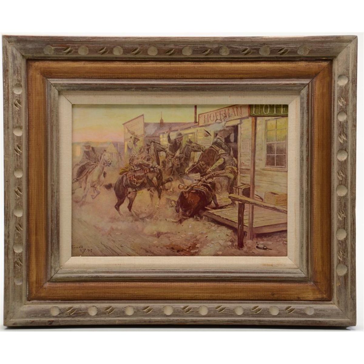 Framed copy color print of a Charlie Russell painting of cowboys on ...