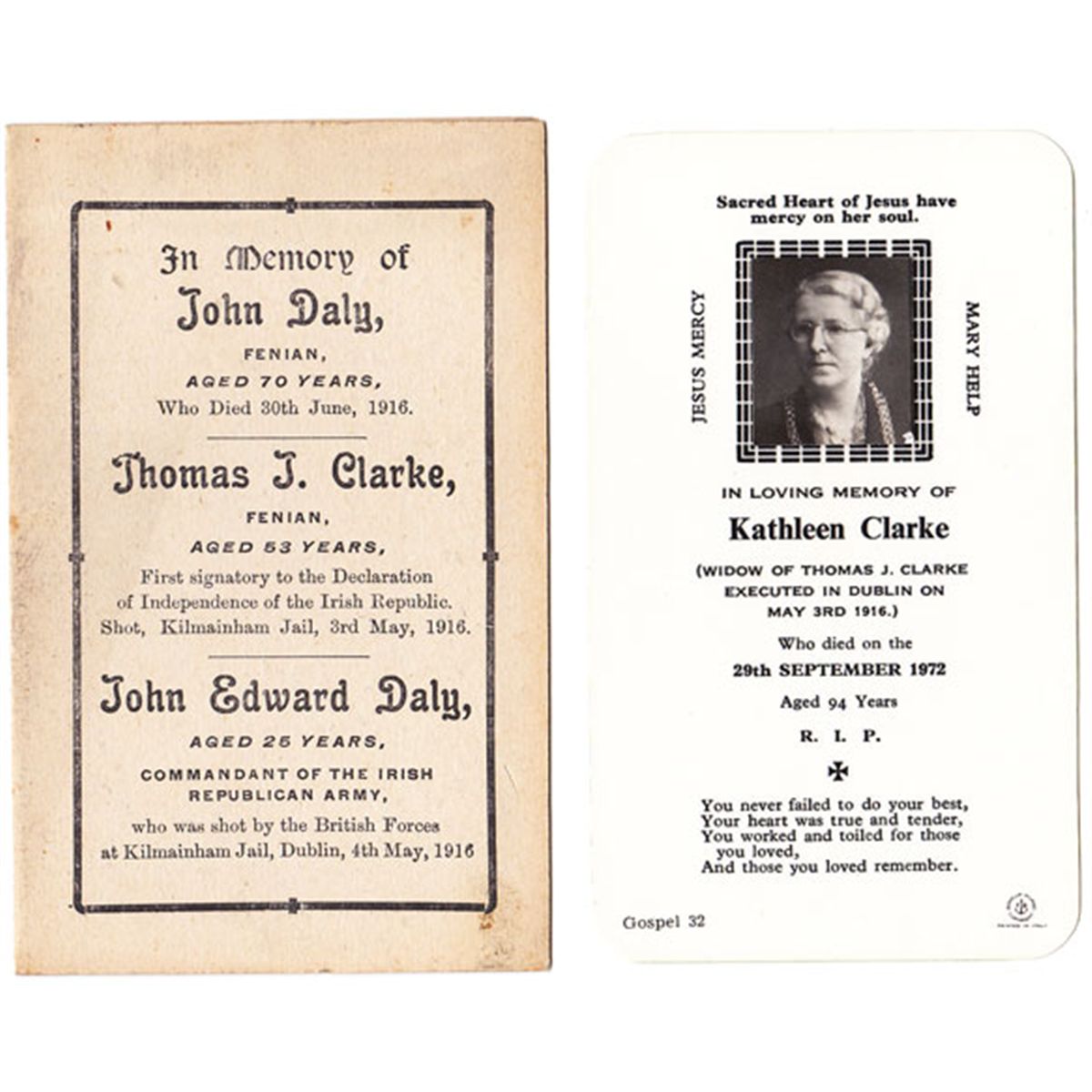 1916 Rising: Tom and Kathleen Clarke memorial cards and signature
