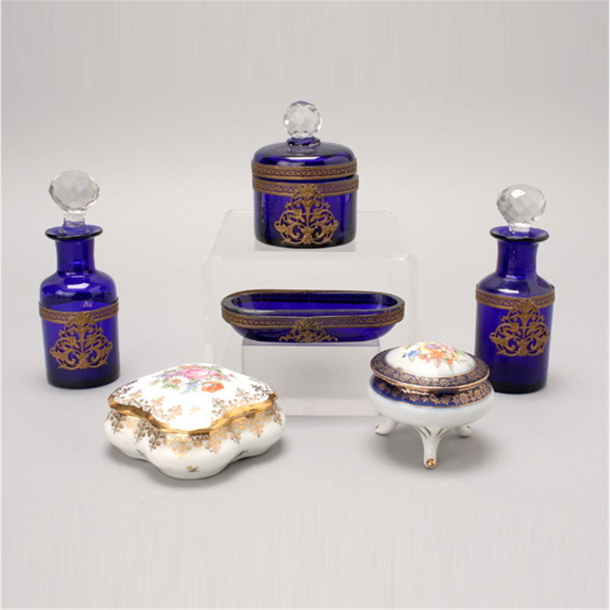 Four Piece Gilt Metal Cobalt Blue Glass Dresser Set