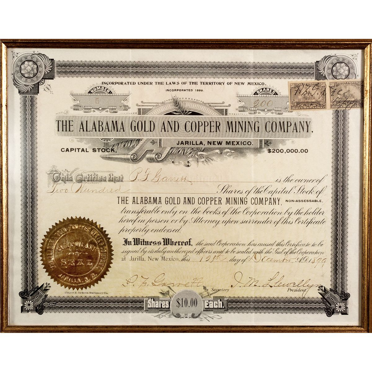 NM - Jarilla,Otero County - 1899 - Stock Certificate Featuring Pat ...