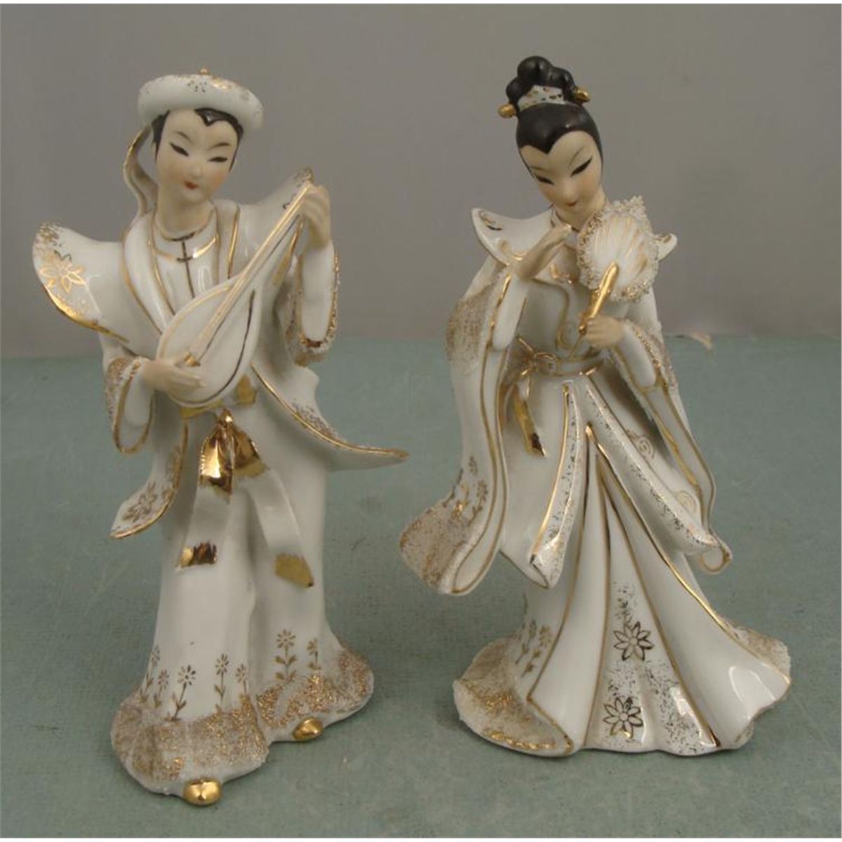 2 Figurines Asian Women Lefton China Fan White Dress