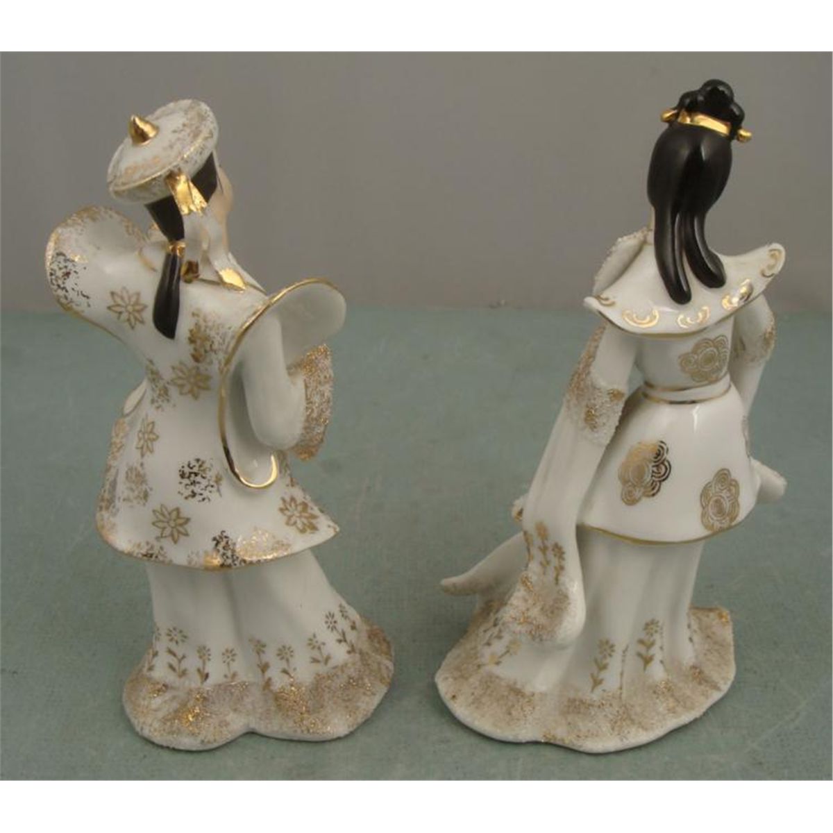2 Figurines Asian Women Lefton China Fan White Dress