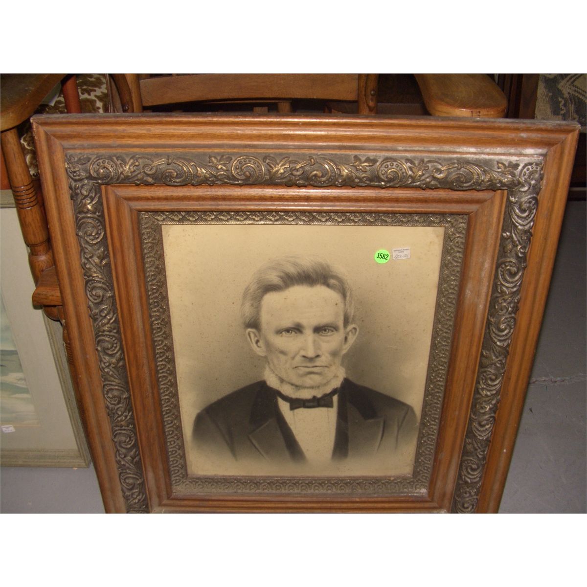 antique charcoal picture of old man, as seen, foxing