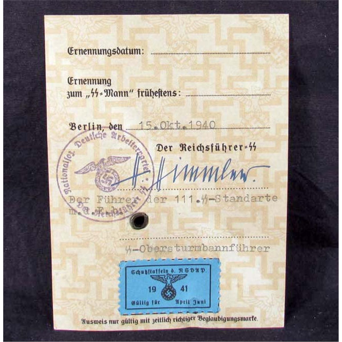 1940 ID DOCUMENT OF A GERMAN NAZI SS MAN - FACSIMILE SIGNATURE OF HIMMLER