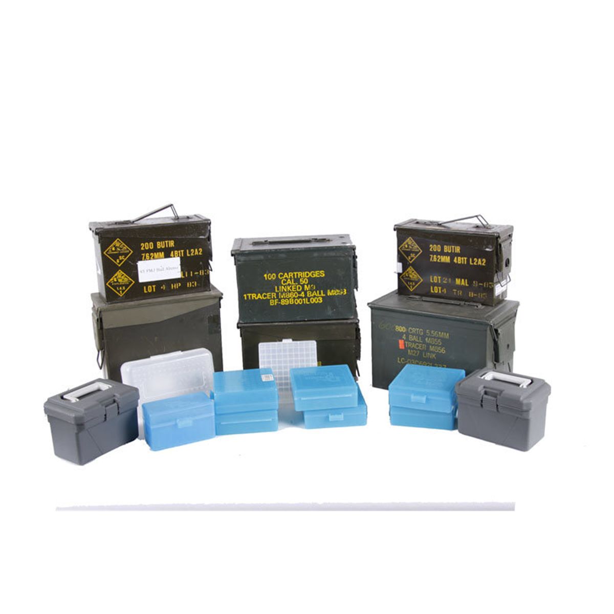 Lot of Ammo Cans & Holders Consisting of 6 metal ammo cans and 1 bin ...