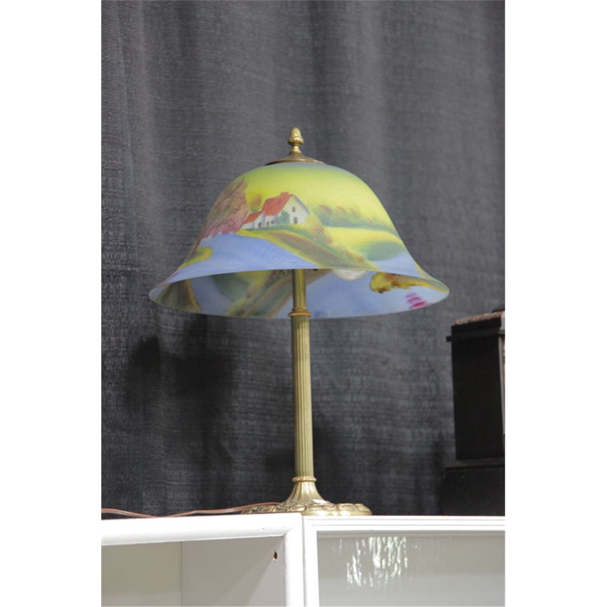 MILLER TABLE LAMP. Brass base with Buttercup motif, reeded stem and ...