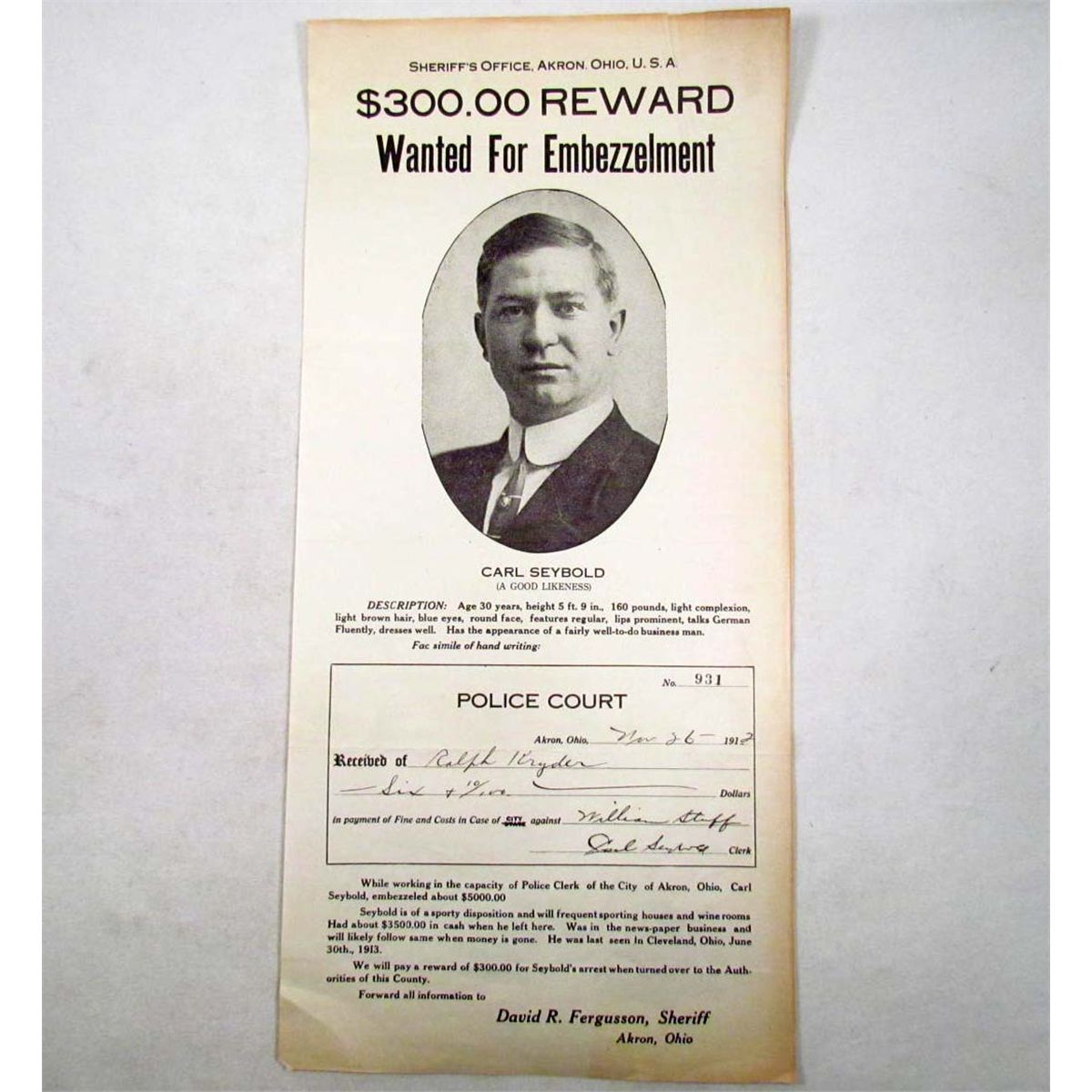 EARLY $300.00 REWARD POSTER FOR A MAN WANTED FOR EMBEZZLEMENT