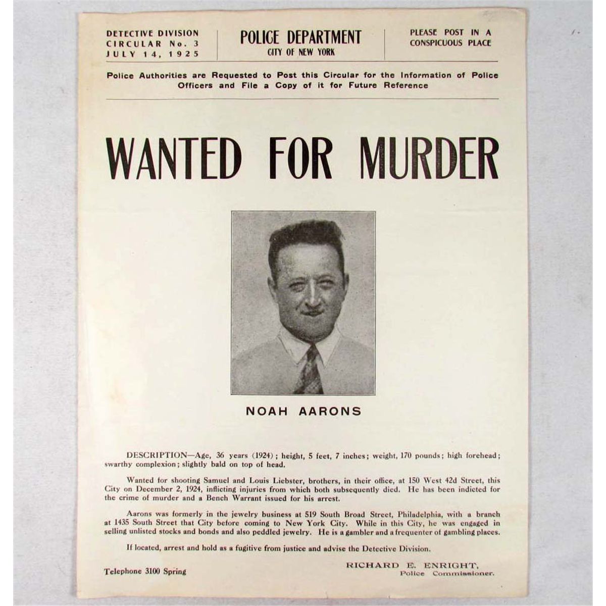 1925 WANTED POSTER - MAN WANTED FOR MURDER