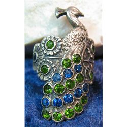 435. Ladies Sterling Silver Peacock Ring with Emeralds