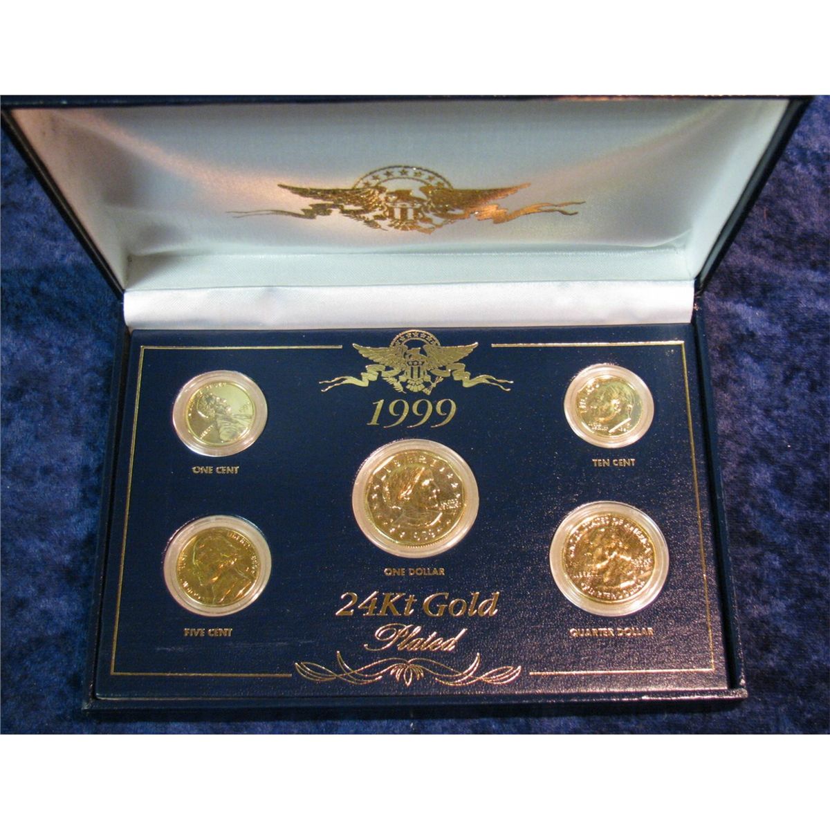 685. 1999 24Kt Gold Plated Five-Piece Set Cent, Nickel, Dime, Connecticut