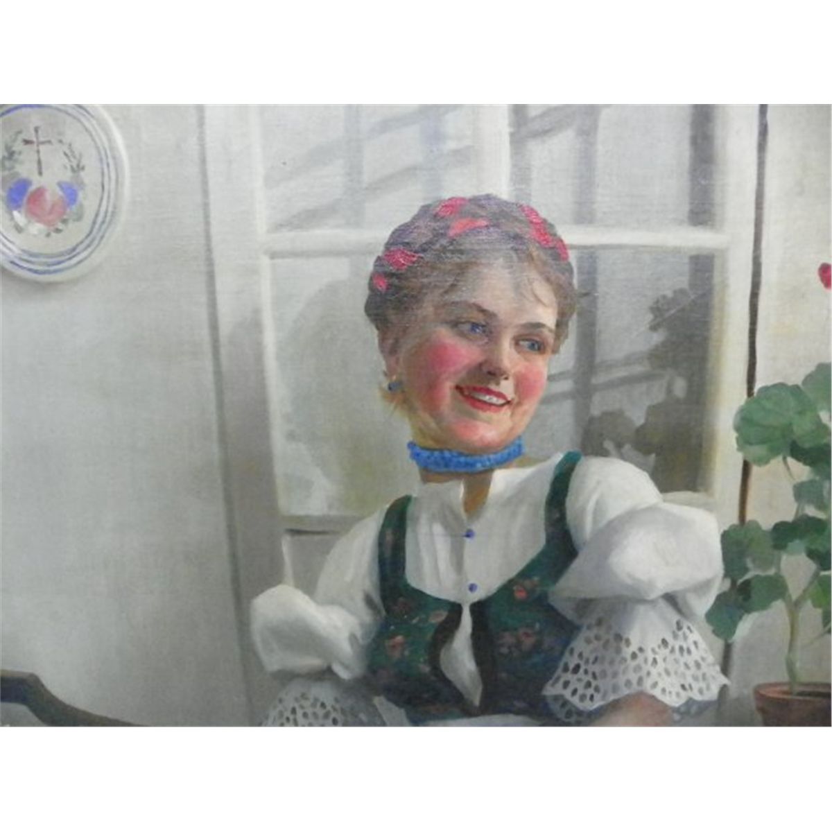 Emil Pap Girl at Window w/ Flowers oil painting