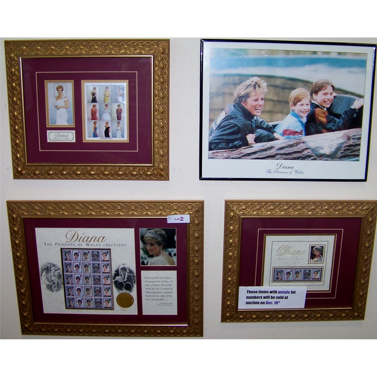 Four Pieces of Framed Princess Diana Memorabilia.