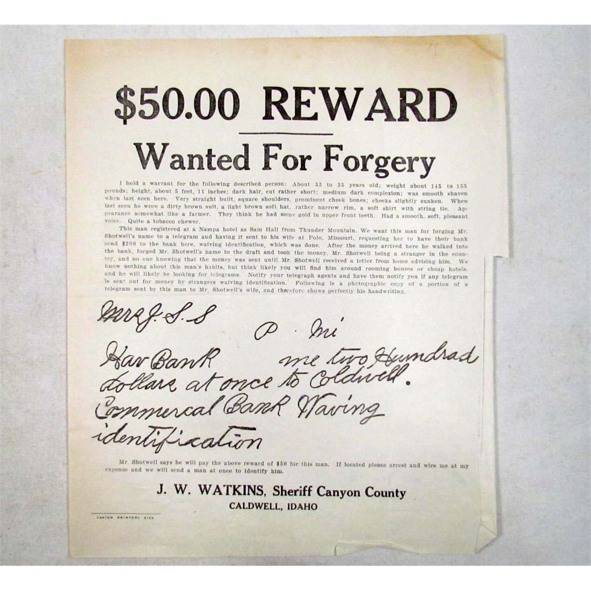 EARLY $50.00 REWARD POSTER FOR A MAN WANTED FOR FORGERY