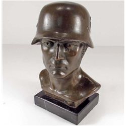 GERMAN NAZI ARMY BRONZE SOLDIER BUST STATUE W/ MARBLE BASE