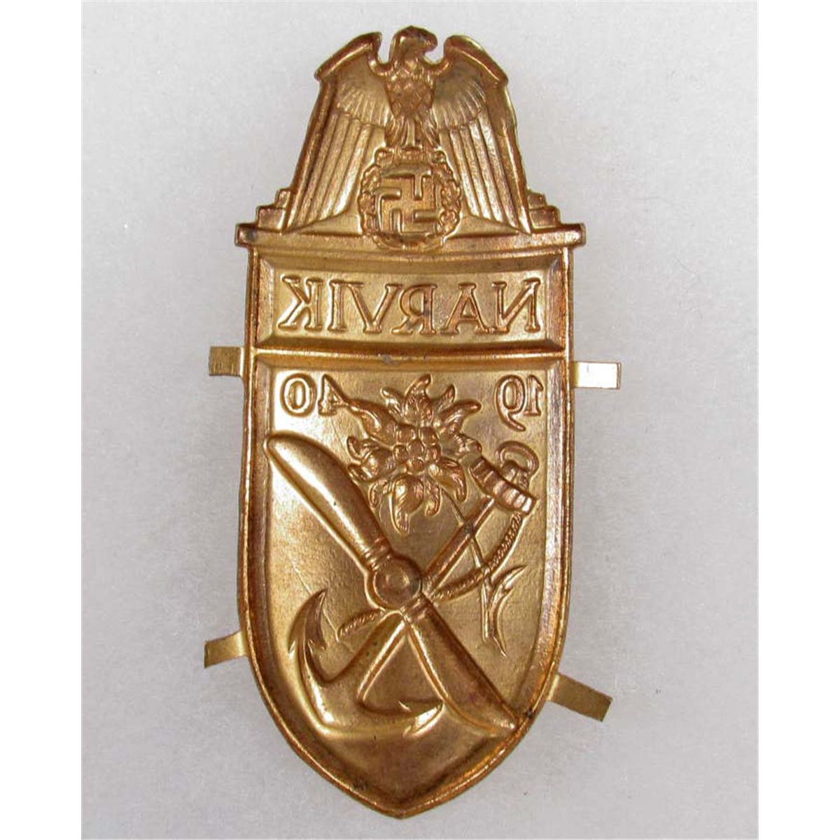 GERMAN NAZI NAVAL 1940 NARVIK SLEEVE SHIELD - BRASS