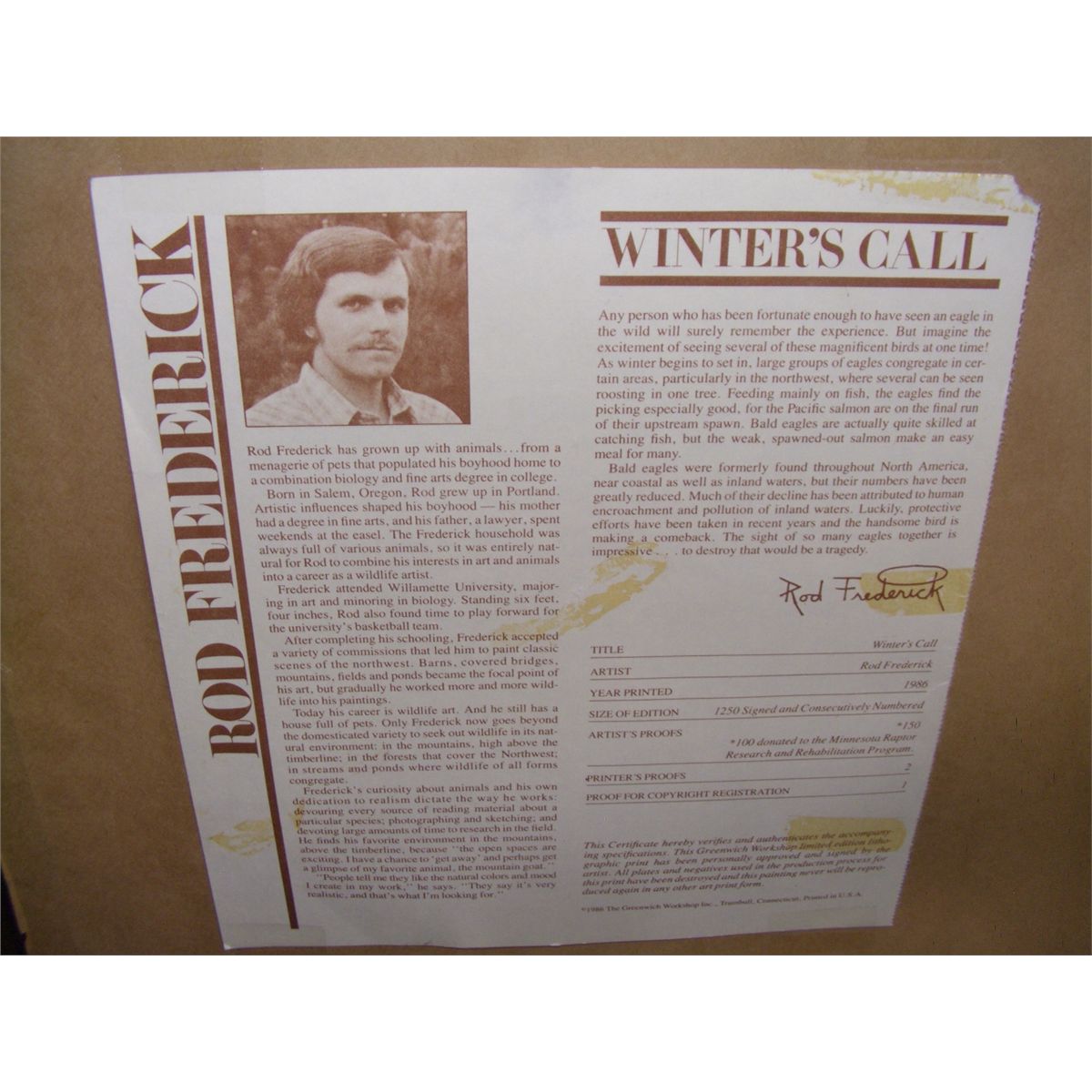 signed and numbered litho by Rod Frederick titled Winter's Call