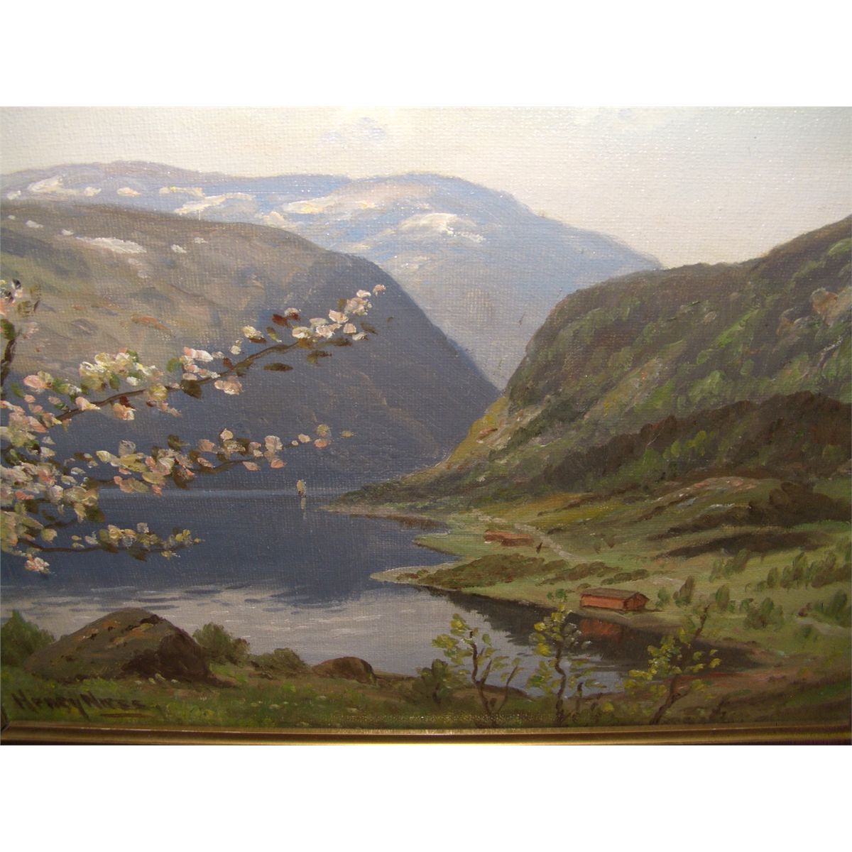 vintage oil painting signed Henery Niese? (attributed) with cabin by lake