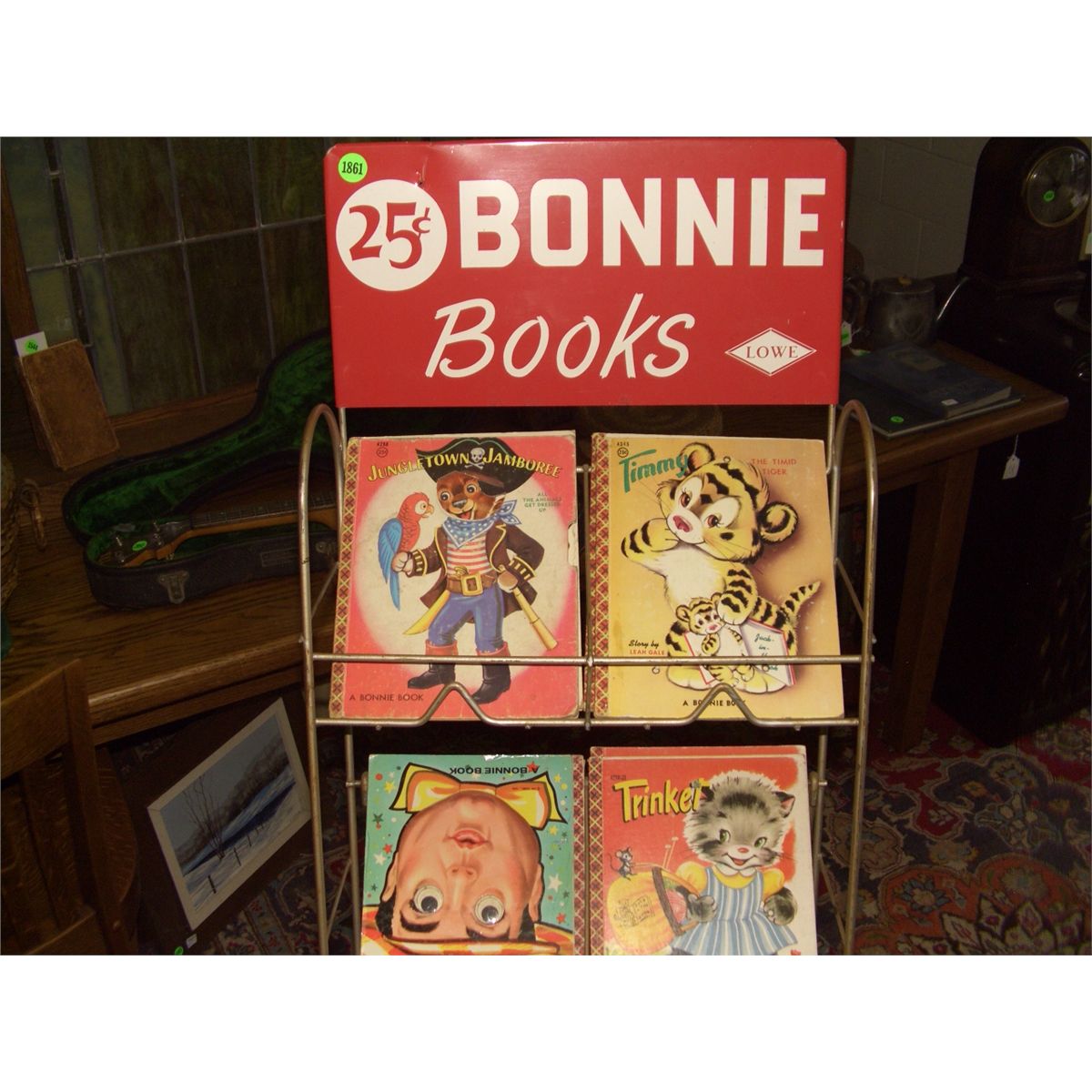 vintage wire kids book rack store display with books SSR