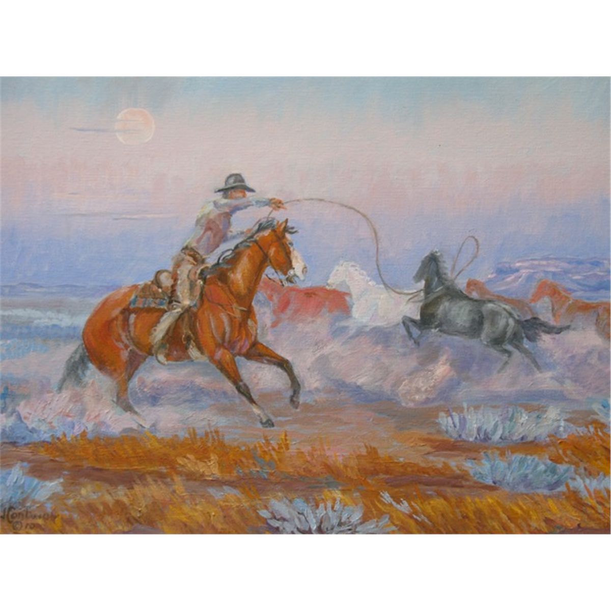Jay Contway, Changing Horses, original oil, 16" x20" Est. $500-800