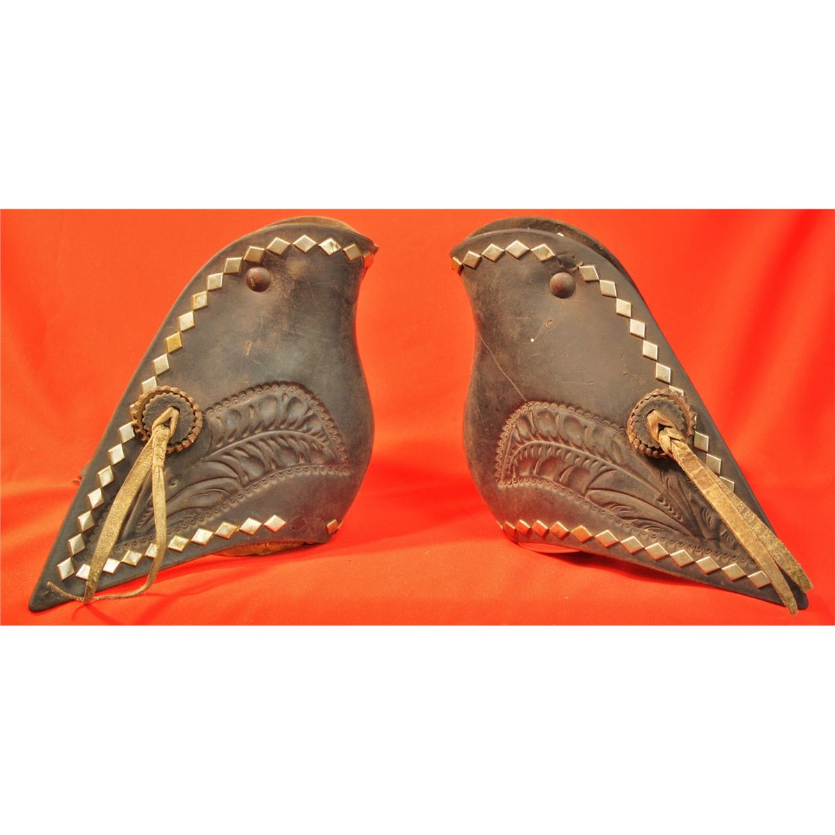 Tapaderos, studded and tooled, feather pattern, excellent condition Est ...