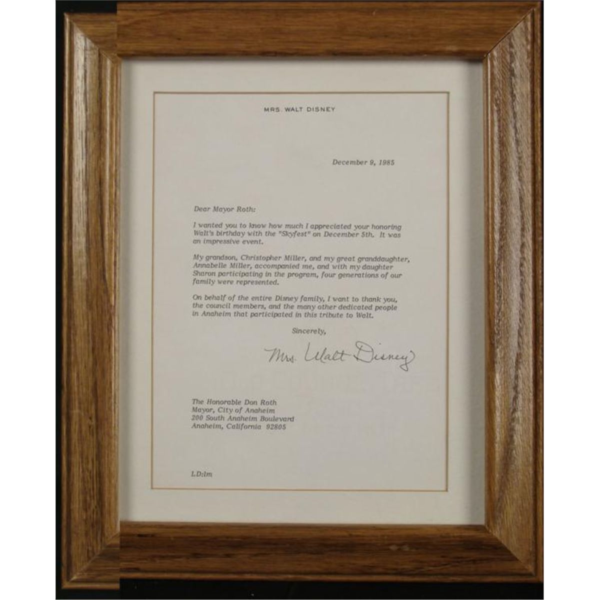 Mrs. Walt Disney Signed Personal Letter to Don Roth