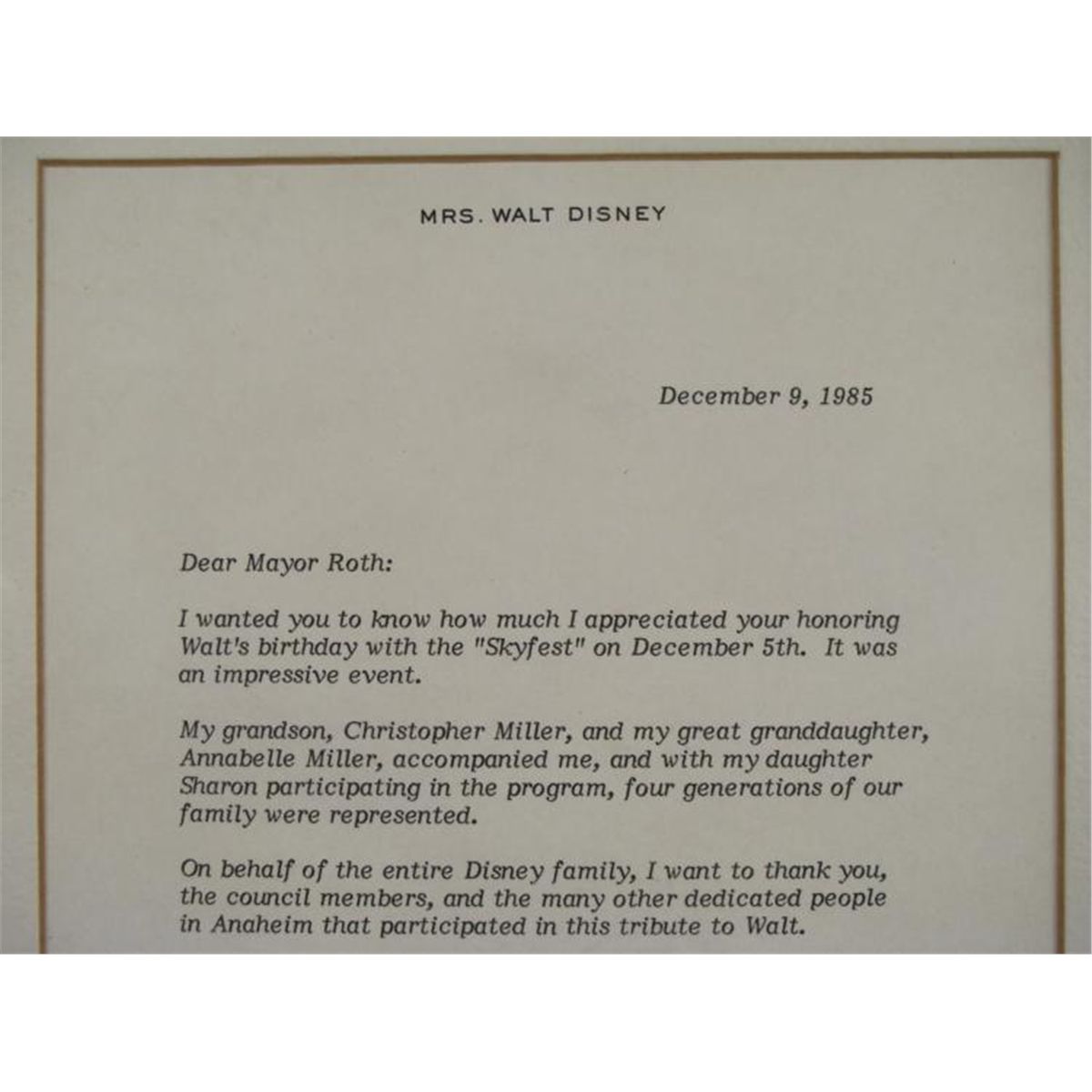 Mrs. Walt Disney Signed Personal Letter to Don Roth